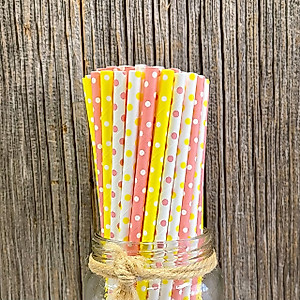 Pink Yellow and White Paper Straws - Polka Dot - Pink Lemonade, Birthday, Baby Shower, Easter Party Supply - 100 Pack Outside the Box Papers Brand