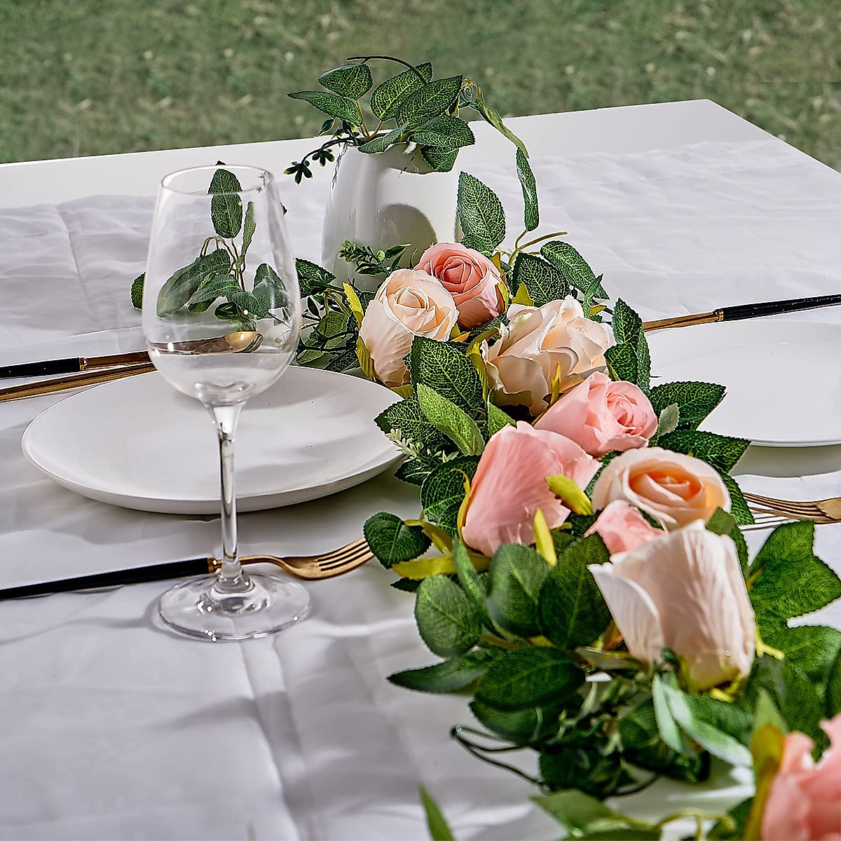 MYT Artificial Fake Rose Flowers Garland Hanging Flowers Vine 2 Pcs for Wedding Arch Flowers、Home Party、 Garden Craft Art Decor(Pink and Champagne)