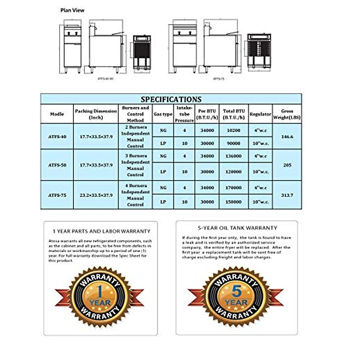CookRite ATFS-75 Commercial Deep Fryer with Baskets 5 Tube Stainless Steel Liquid Propane Floor Fryers-150000 BTU