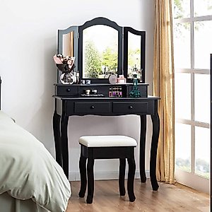 RIVALLYCOOL 2-in-1 Vanity Table Set, Multipurpose Dressing Desk Set with 4 Drawers Tri-Folding Mirror, Cushioned Stool, Wood Table with with Modern Shape, Bedroom Bathroom Makeup Table (Black)
