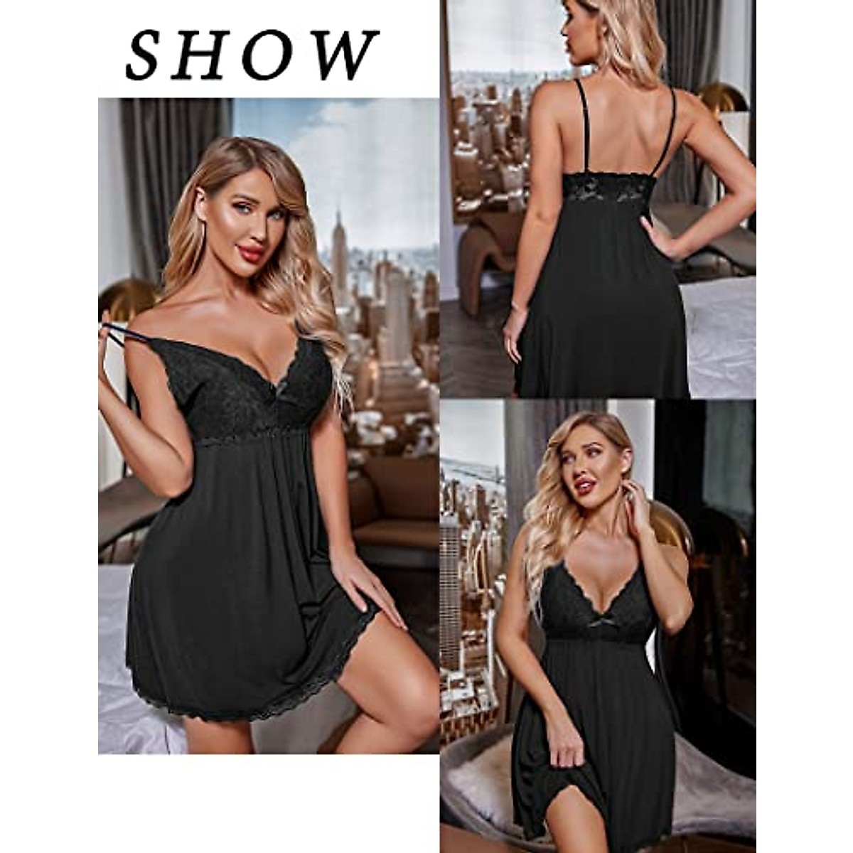 Avidlove Womens Sleepwear Lace Babydoll Sexy Chemise V-Neck Nightgown Modal Nightie(Black,L)
