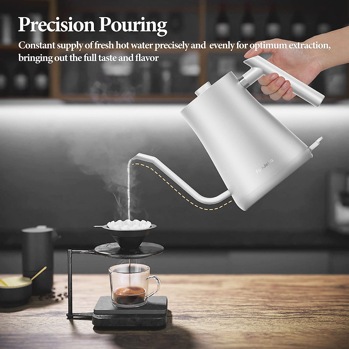 Gooseneck Electric Kettle Fabuletta 1500W Ultra Fast Boiling Water Kettle 100% Stainless Steel for Pour-over Coffee & Tea Leak-Proof Design French Press Boil-Dry Protection 1L (FKT003 Light Grey)