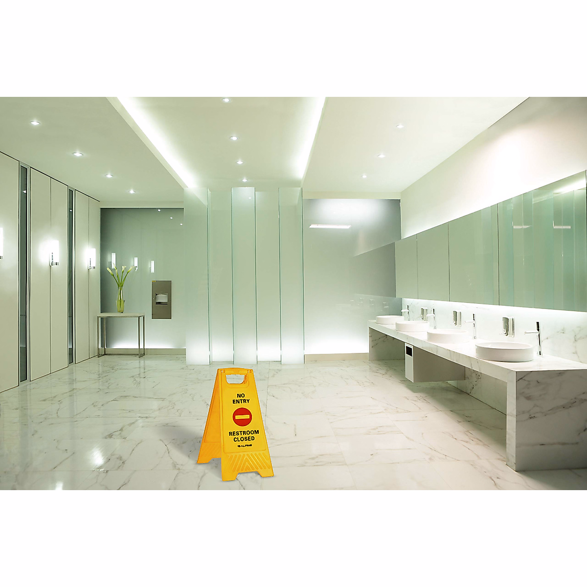 Alpine Industries Two-Sided Fold-Out No Entry - Restroom Closed Signs, 3-Pack - Foldable Indoor and Outdoor Black on Yellow Signage - Commercial Standing Floor Boards for Bathrooms