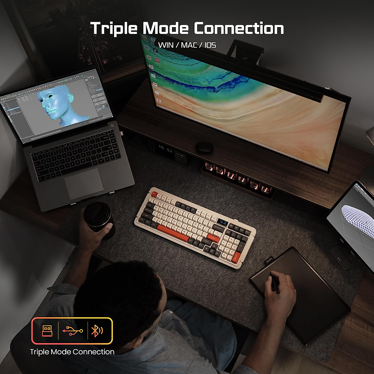 ROYALAXE L98 Wireless Mechanical Keyboard with 1.14” TFT LCD, Hot-swappable RGB Keyboard w/Gateron G Yellow Pro Switches, Bluetooth/2.4G/Wired, Gasket Mount, PBT Keycaps, Pebble White