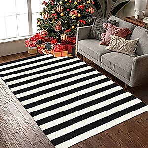 Black and White Indoor Outdoor Rug, 5’x8’ Cotton Striped Modern Large Area Rug Soft Woven Washable Farmhouse Durable Carpet Mat for Patios Clearance Bedroom Living Room Balcony Playroom Decor