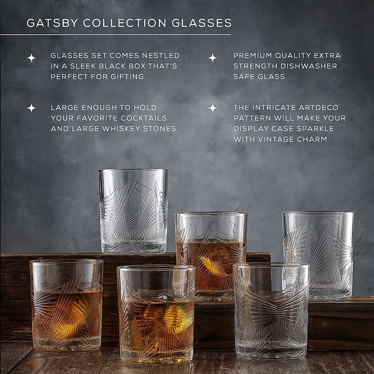JoyJolt Gatsby Whiskey Glass Set of 6 Textured Whiskey Glasses for Bar (10oz). Old Fashioned Rocks Glasses for Scotch, Bourbon and Liquor. Unique Whiskey Tumblers, Rocks Glass Set or Cocktail Glass