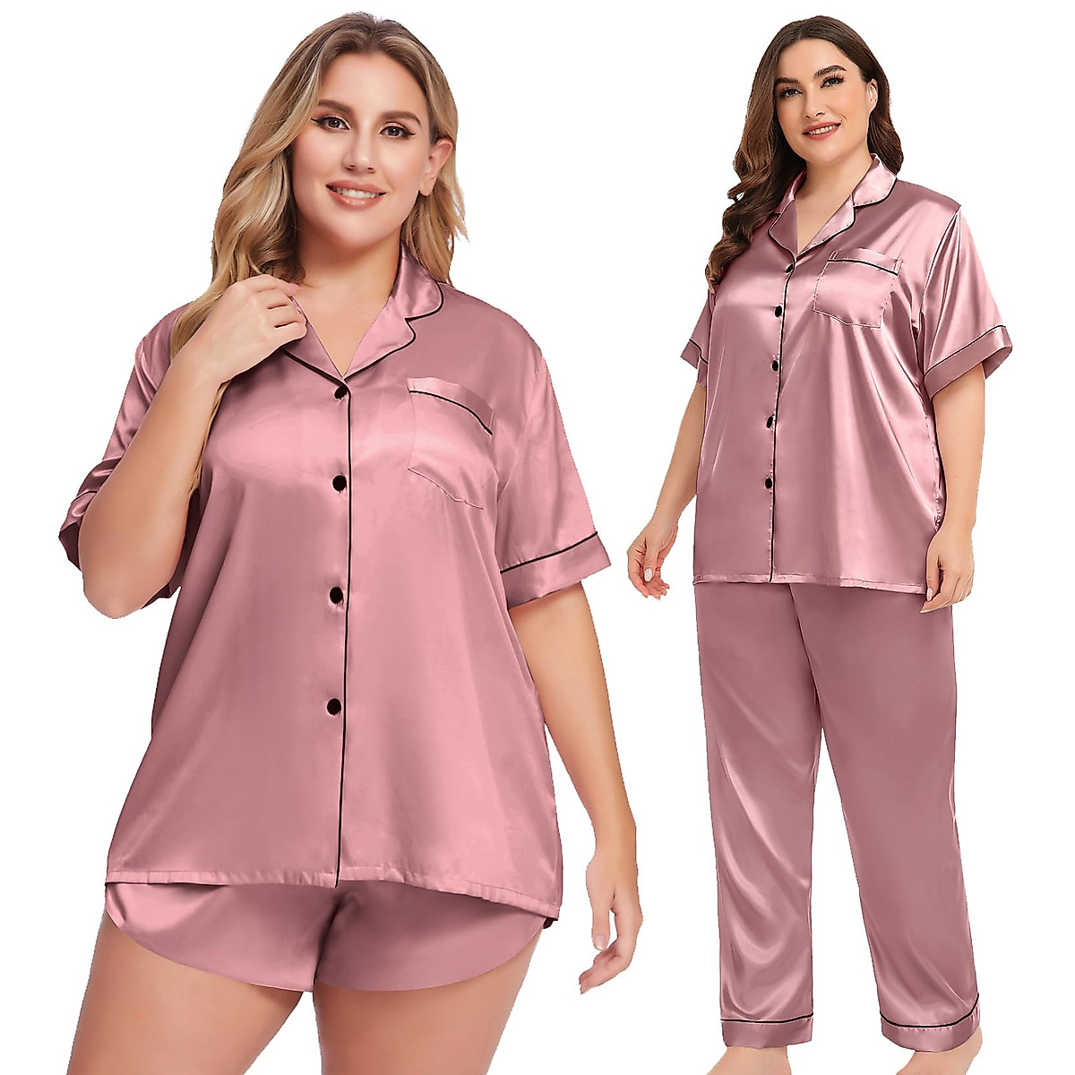 SWOMOG Women Plus Size Pajama Set 4pcs Silk Satin Sleepwear Button Down Pjs Cami Shorts Set Loose Loungewear 16W-26W Misty Rose