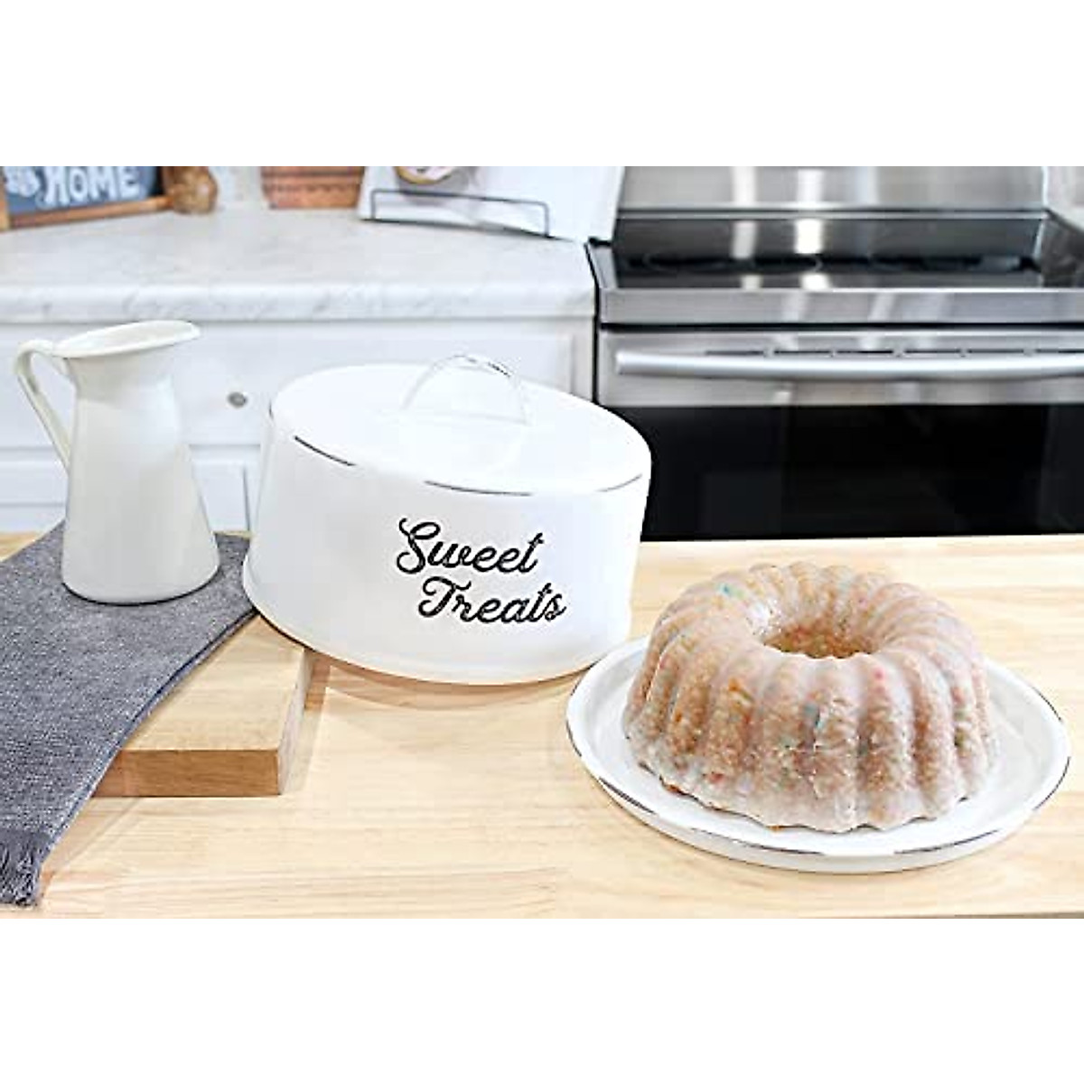 AuldHome Enamelware White Cake Cover; Rustic Decorative Cake Plate with Domed Lid