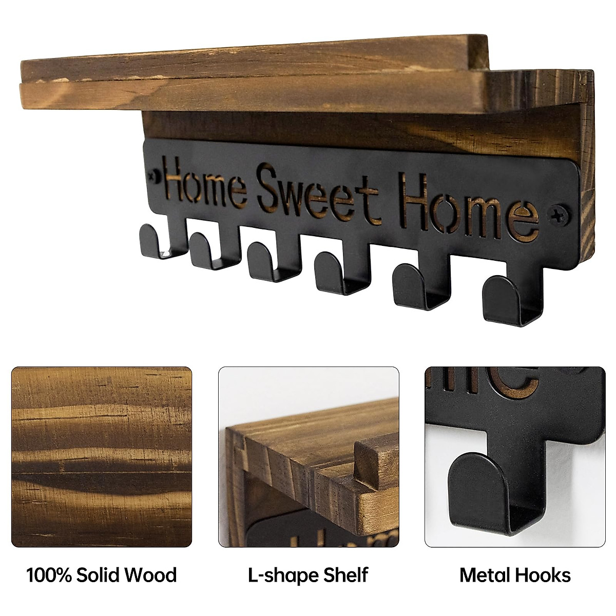 Iswabard Mail Holder with Key Hooks Key Holder for Wall Key Holder with Wooden Shelf, 6 Hooks, Key and Mail Holder Wall Mount Keys Holder on Wall Key Hanger Wall Mount (Brown)