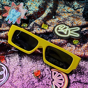 Hanj 90s Small Vintage Narrow Square Sunglasses for Men Women UV400 Trendy Retro Black Glasses Cool Rectangular Shades (Yellow)