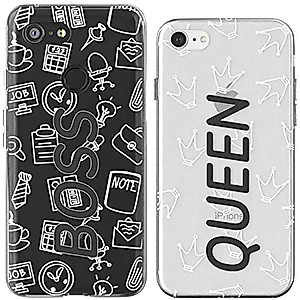 Toik Matching Couple Cases for Apple iPhone 11 Pro Xs Max Xr 10 X 8 Plus 7 6s 5s SE Cover Boyfriend Clear Lightweight Queen Basic Pattern Cute Protective Soulmate Boss Silicone Anniversary Simple