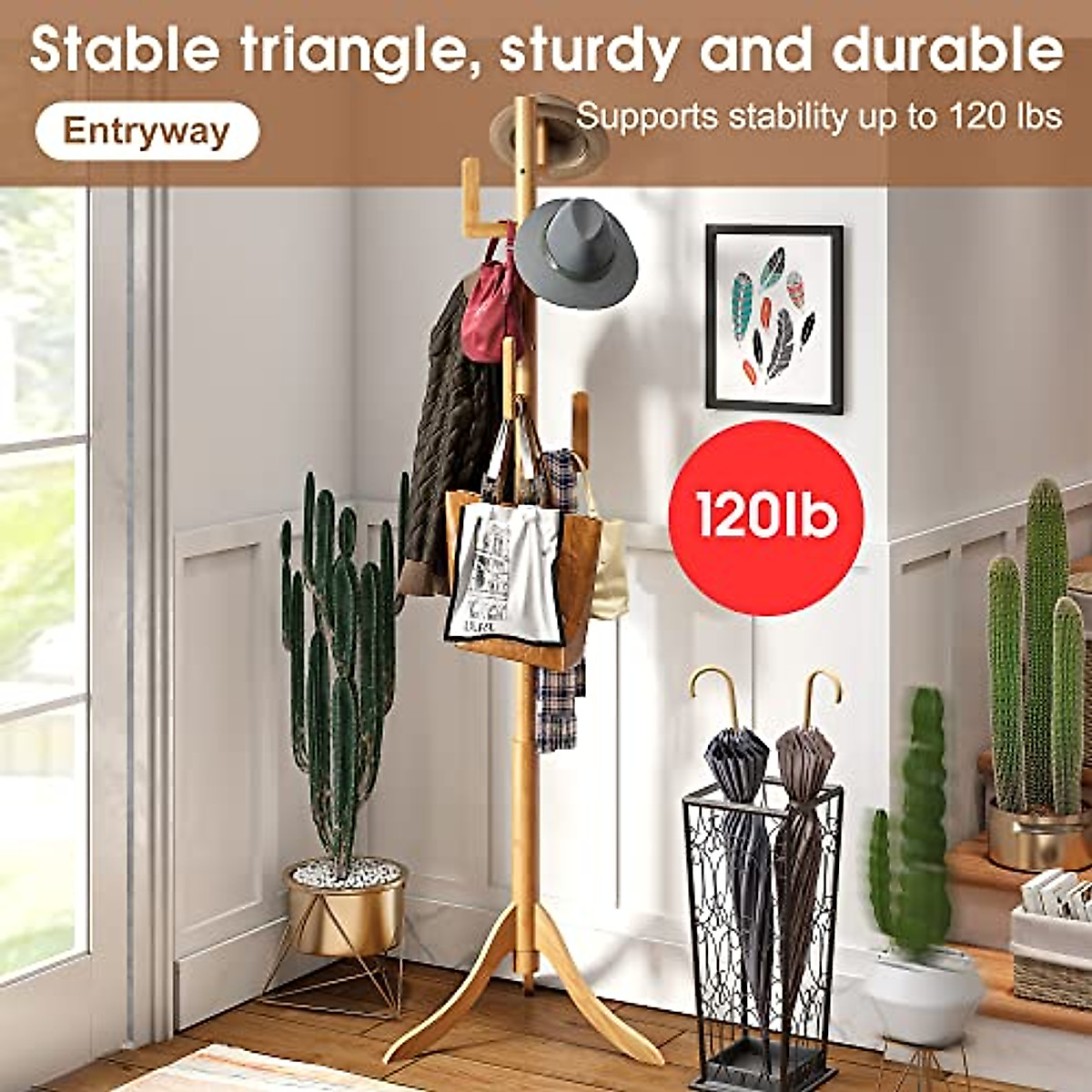 FILWH Coat Rack Freestanding Bamboo Coat Tree with 6 Hooks Adjustable Sizes Free Standing Coat Rack Super Easy Assembly Coat Hanger Stand(Natural)