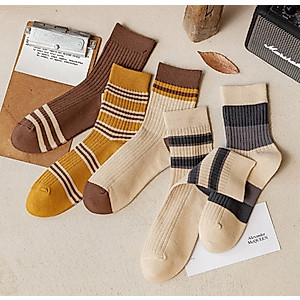 ZINDE 6 Pairs Soft Cotton Socks for Women Girl Thick Knit Breathable Cute Stripe Fashion Above Ankle Crew Socks Set (6 Pairs-08)