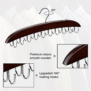 Belt Hanger Organizer, Upgraded Tie and Belt Organizer, 20 Hooks Wooden Belt Rack for Storage, 360°Rotating Space Save Belts Organizer for Tie, Tank Top, Scarf, Stored Up to 60 Belts-Red