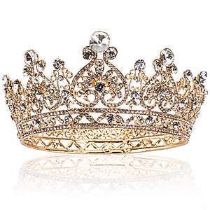 Yopay Gold Crowns, Full Round Diamond Crystal Bride Bridal Wedding Crowns and Tiaras Vintage Headband Hair Accessories for Women Birthday Prom Queen Pageant