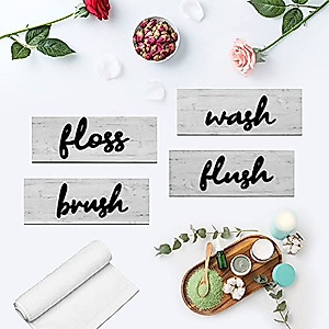4 Pieces Farmhouse Bathroom Wall Decors wash brush floss flush sign Relax Soak Bathroom Decoration Card Set, Wall Art Old-Fashioned Wooden Decorations for Family Laundry Bathroom (White,10 x 3.7 Inch)