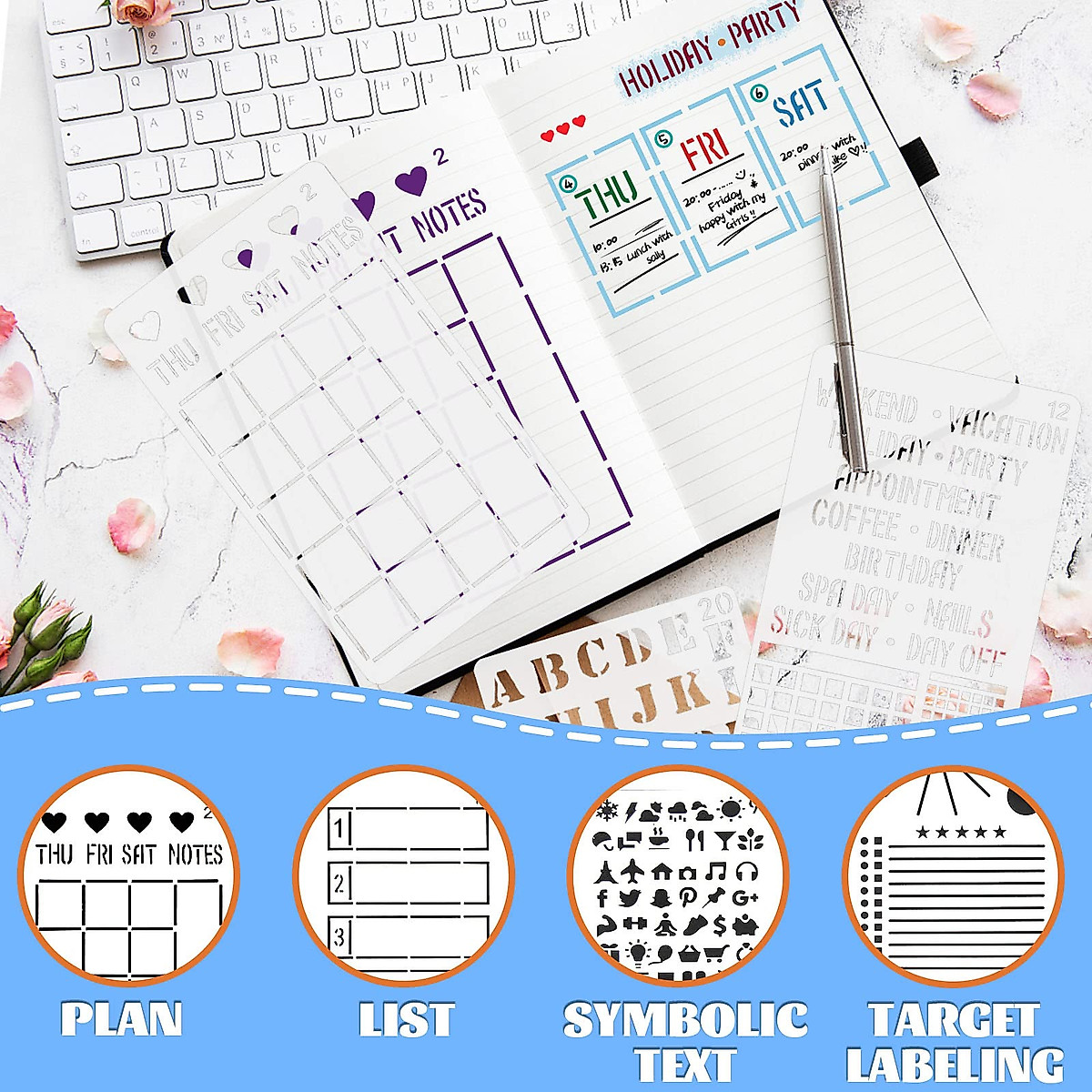 30 PCS Journal Stencils, Planner Stencils for Bullet Dot Journal Notebook Diary Scrapbook Drawing Template Dot Journal Stencil 4x7 Inch