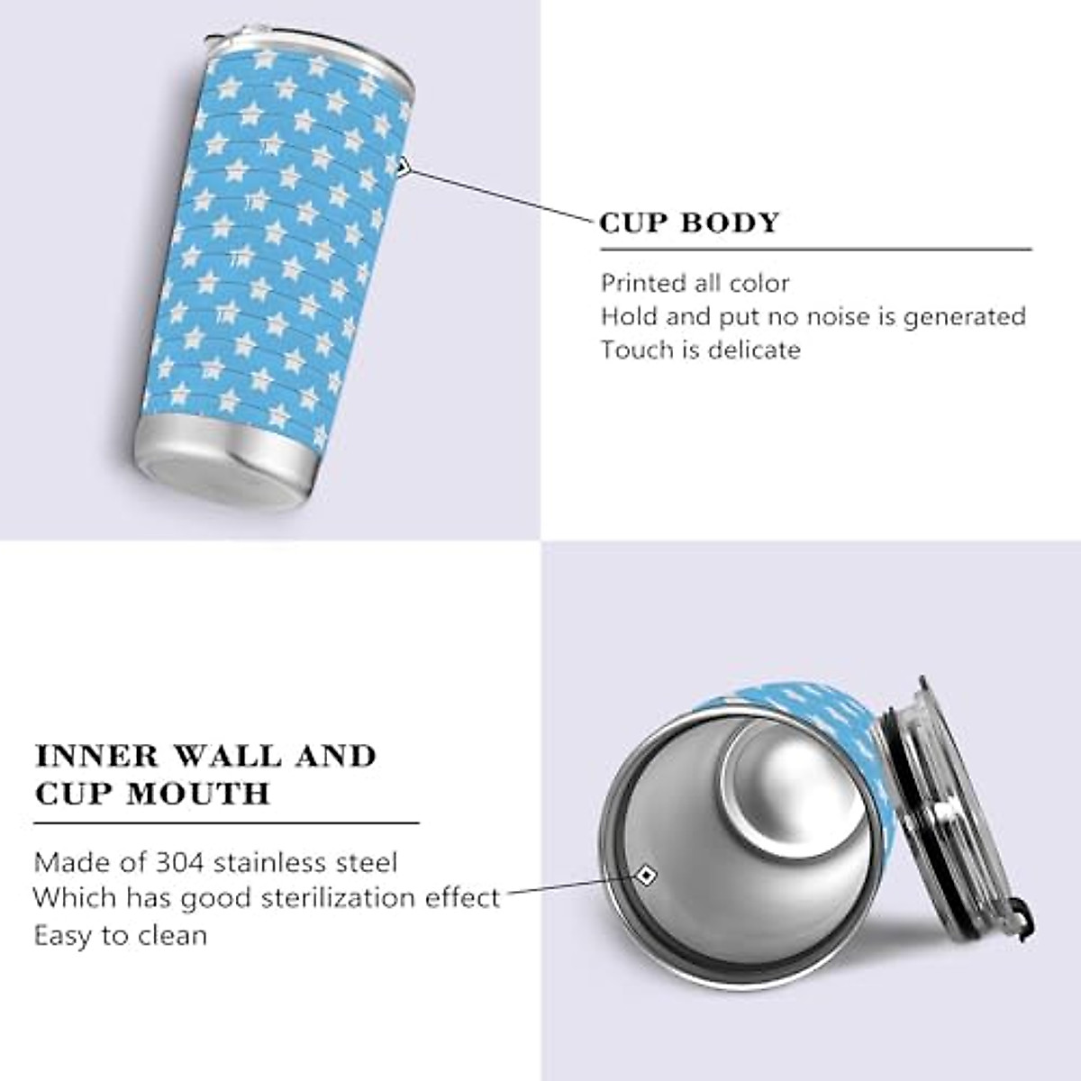 sanluoli Seamless Blue Aesthetics Stars Blue Stainless Steel drinking cups with Straw Leak Resistant Flip coffee travel mug 20oz for café Aesthetic insulated tumbler 20 OZ