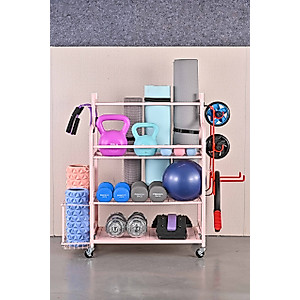 Mythinglogic Yoga Mat Storage Racks,Home Gym Storage Rack for Dumbbells Kettlebells Foam Roller, Yoga Strap and Resistance Bands, Workout Equipment Storage Organizer With Hooks and Wheels