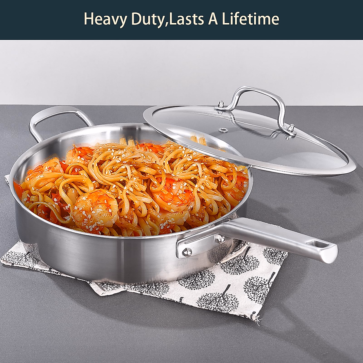 Yeksum Tri-Ply Stainless Steel Saute Pan 5QT, 12 Inch Deep Frying Pan with lids, 3-layer Large Skillet with Stay Cool Handle, Induction Pan, Durable, Compatible with All Cooktops Up to 500℉