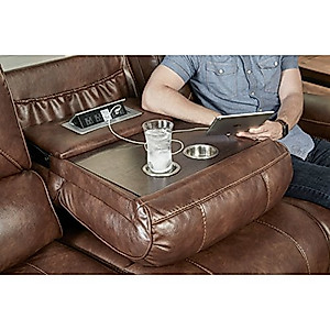 Roundhill Furniture Achern Leather Air Nail head Manual Reclining Sofa with Storage Console, Brown