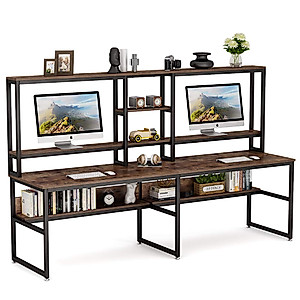 Tribesigns 94.5 inch Two Person Desk with Hutch, Double Workstation Computer Desk with Storage Shelves, Large Industrial Office Desk Study Writing Table with Bookshelf for Home Office, Rustic Brown