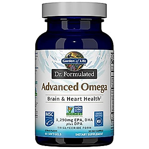 Garden of Life Dr. Formulated Advanced Omega Fish Oil - Lemon, 1,290mg EPA, DHA + DPA in Triglyceride Form, Single Source Omega 3 Supplement for Ultimate Brain & Heart Health, Non-GMO, 60 Softgels
