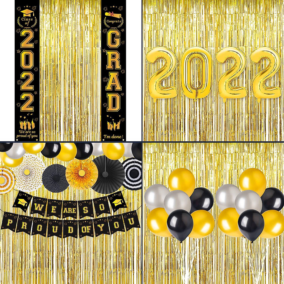 2022 Graduation Decorations kit -black and gold Graduation Party Decorations Supplies,Congrats Grad Banners,Balloons, Porch Sign,Foil Curtains,Huge 2022 School Graduation Party Set,48 Pcs