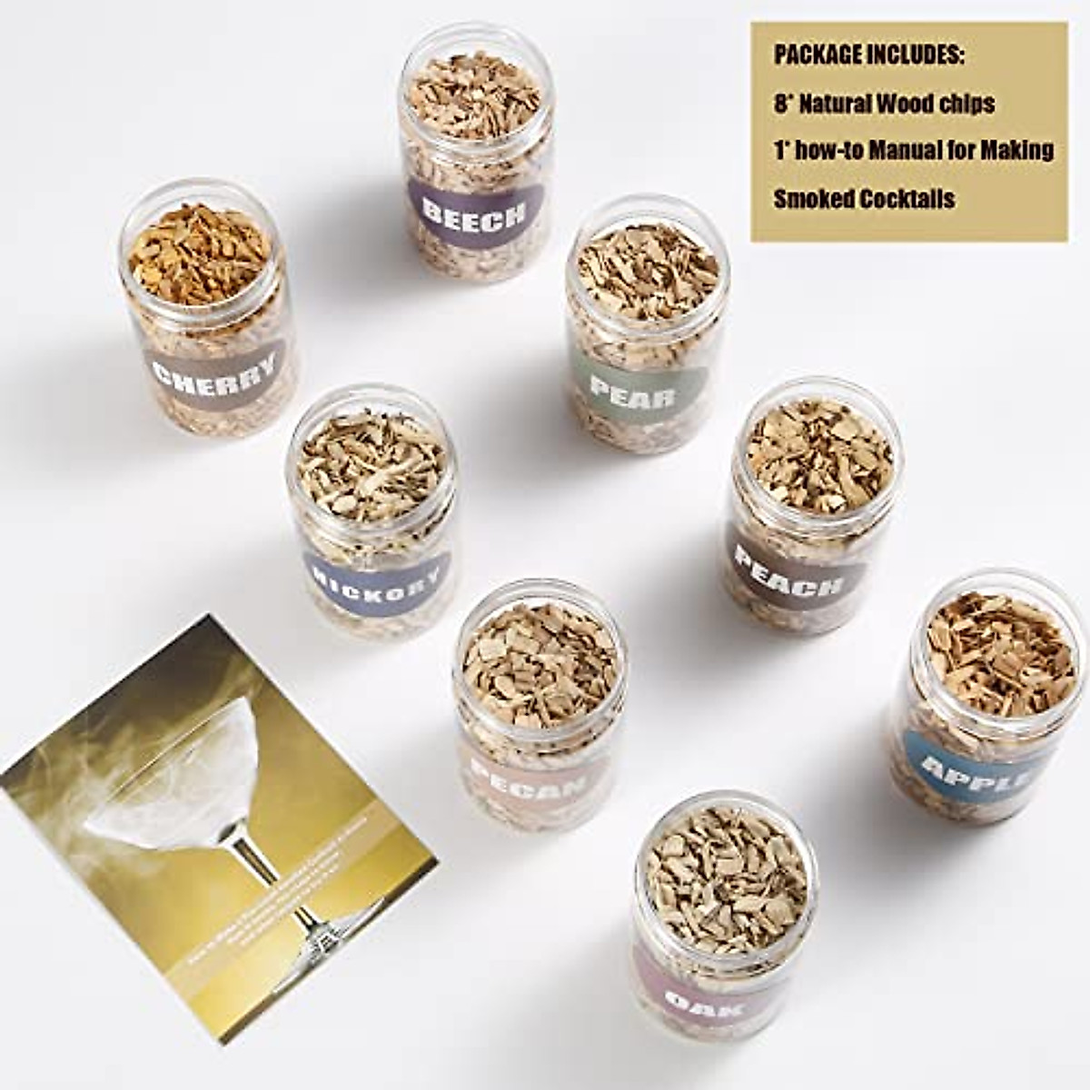 Natual Wood Chips for Smoker, (8 Gift Pack - Apple, Cherry, Oak, Pecan, Pear, Peach, Walnut, Beech) 8 OZ Each| Smoker Woodchips for Smoking Gun and BBQ, Great for Beef Pork Chicken Fish and Whisky