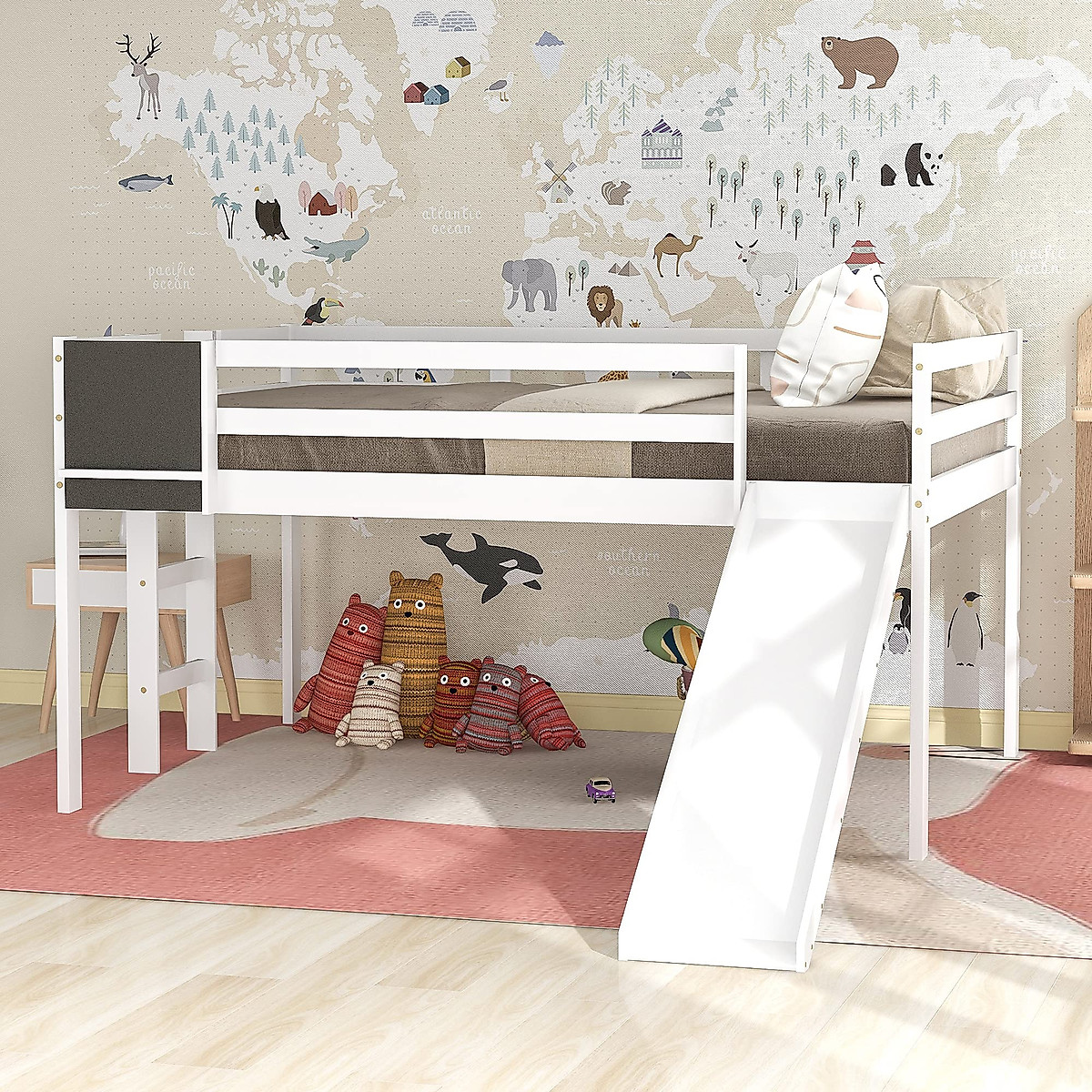 Full Size Loft Bed Wood Bed with Slide, Ladder, and Chalkboard, Loft Bed for Family, Kids, Teens, No Box Spring Needed