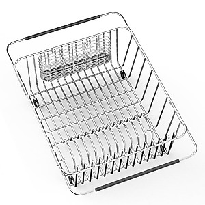 NiuYichee Expandable Dish Drying Rack, Drainage Rack Over Sink, Stainless Steel Dish Drainer Rack Organizer in Sink, Dish Drainer Basket Shelf on Counter, with Stainless Steel Utensil Holder