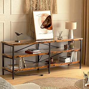 VOWNER TV Stand with Power Outlets up to 70 Inches, 63'' Entertainment Center for Living Room, TV Console Table with Open Storage Shelves, Rustic Brown