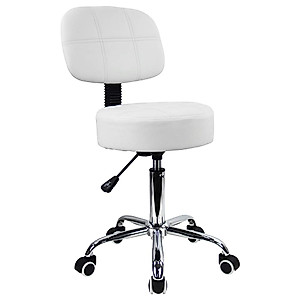 KKTONER Round Rolling Stool with Back PU Leather Height Adjustable Swivel Drafting Work SPA Salon Stools Chair with Wheels White