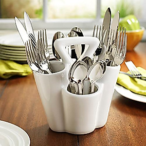 MosJos Ceramic Silverware Caddy - 4-Section Cutlery & Utensil Holder with Handle for Countertop - Farmhouse Spoon Fork Knife Organizer for Kitchen (White)