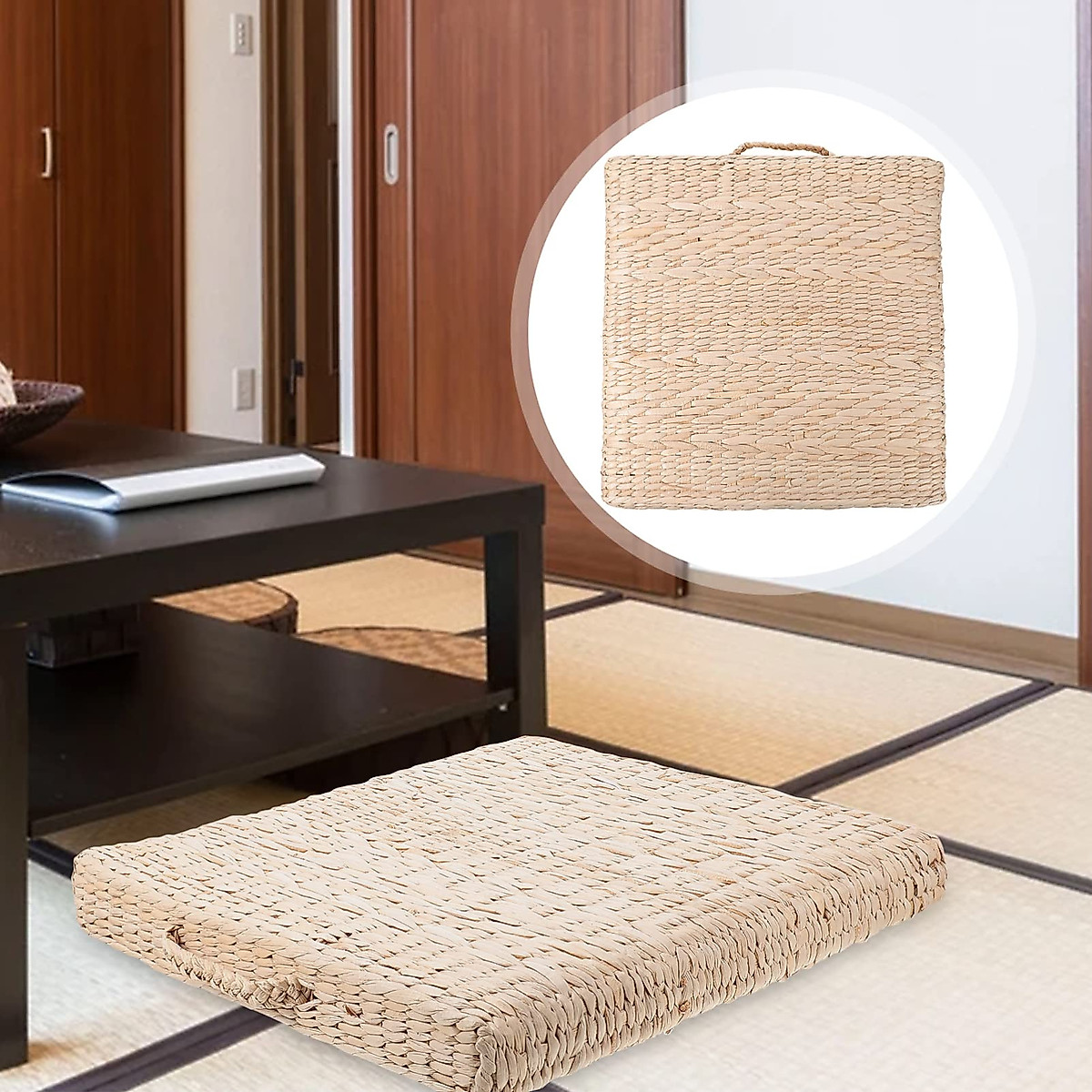 VOSAREA Home Pillow Knitted Straw Flat Cushion Natural Straw Sqaure Pouf Tatami Cushion Hand- Woven Floor Cushion Meditation Soft Yoga Mat for Dining Living Room Balcony Garden Part 40cm