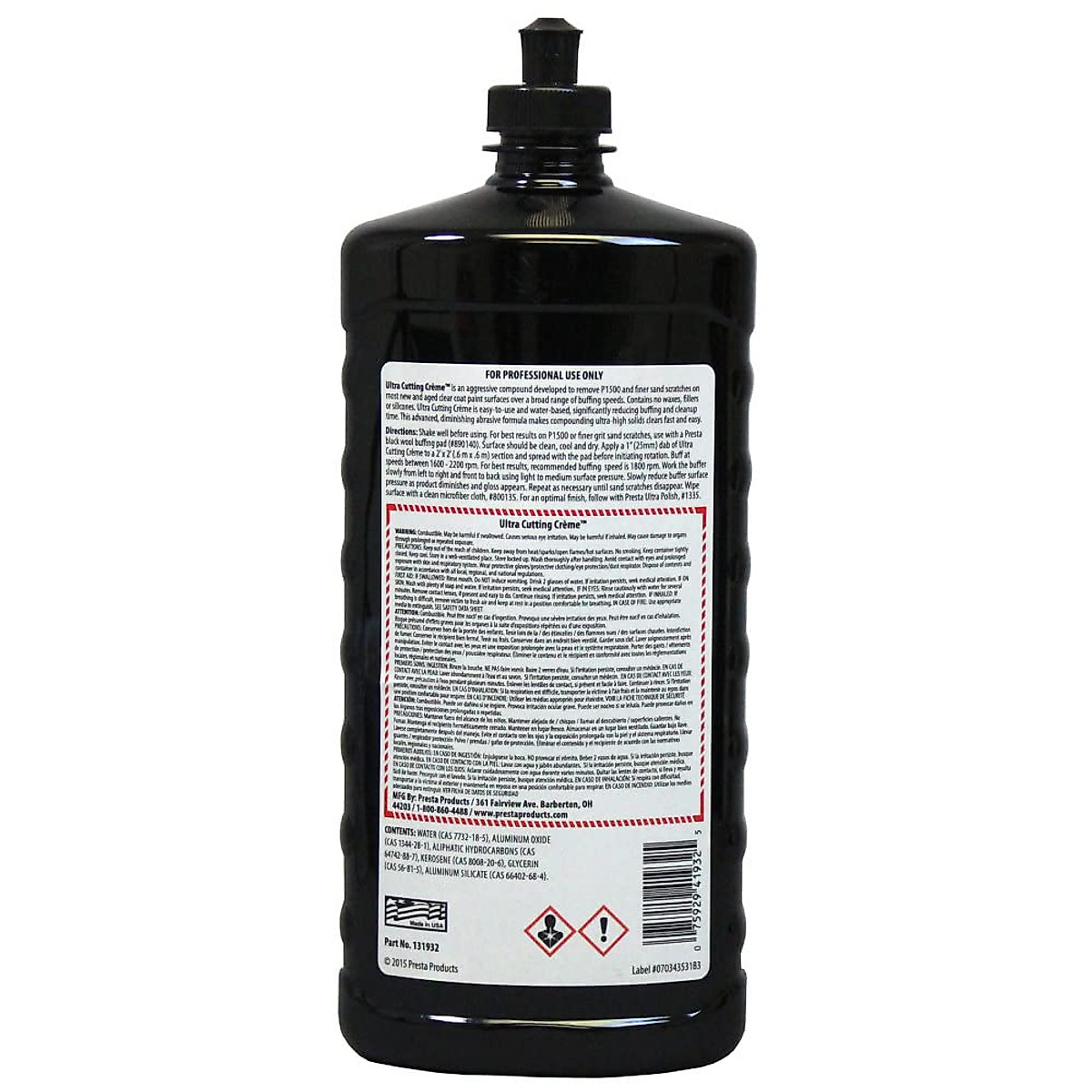 Presta 131932 Ultra Cutting Crème for Removing P1500 Grit, Finer Sand Scratches and Swirls - 32 Oz.