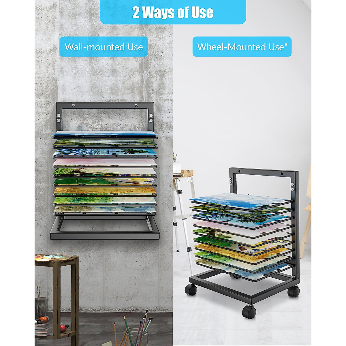 WISIMMALL Art Drying Rack, Paint Drying Rack with 9 Removable Shelves,Wall Art Storage Drying Rack with Wheels for Classrooms & Art Studios(9 Shelves)