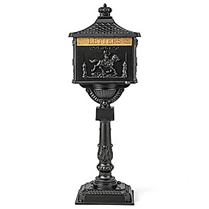 Giantex Cast Aluminum Mailbox with Post - Locking Residential Mailboxes for Outside with Keys, Baffle Door, Expansion Bolts, Address Panel, In-Ground Rust-Proof Large Security Postal Mailbox (Black)