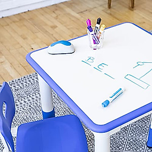 ECR4Kids Dry-Erase Square Activity Table with 2 Chairs, Adjustable, Kids Furniture, Blue, 3-Piece