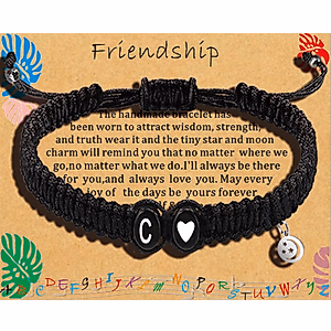 Pholidof Heart Adjustable Initial Bracelets uesd for Her or Hers Women Men Daughter Son Friend Birthday Graduation Gifts Letter A-Z Braided Bracelets Moon Star Pendant Friendship Gifts (C)
