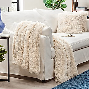 Chanasya Fuzzy Shaggy Faux Fur Throw Blanket and Pillow Cover 3-Piece Set - Lightweight Plush Sherpa Throw (50x65 Inches) and 2 Matching Throw Pillow Covers (18x18 Inches) for Bed Couch - Creme
