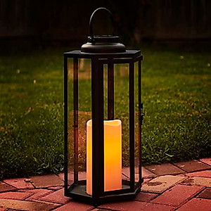 Large Solar Candle Lantern - 18 Inch Tall, Glass Panels, Matte Black Metal Frame, Waterproof Flameless Pillar Candle, Dusk to Dawn Timer, Large Size for Floor or Patio, Fall Decor, Battery Included