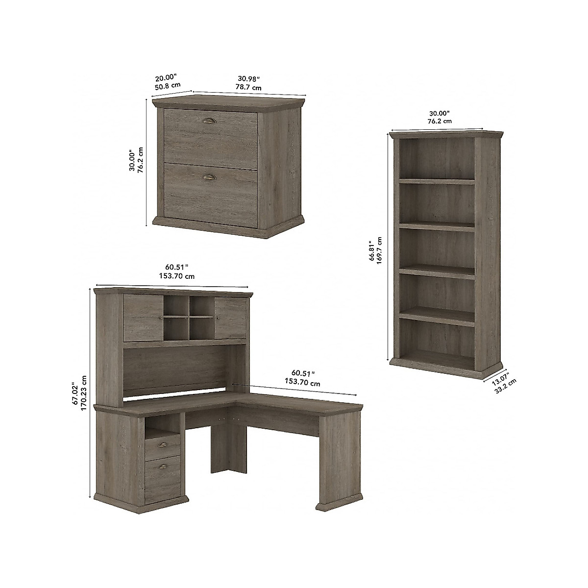 Bush Furniture Yorktown L Shaped Desk with Hutch, Lateral File Cabinet and 5 Shelf Bookcase, 60W, Restored Gray