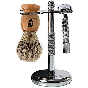 Shaving Kit for Men Wet Shave - Safety Razor with 10 blades, Shaving Badger Hair Brush, Sandalwood Shaving Soap Cream, Shaving Stand, Stainless Steel Bowl Mug, Canvas Dopp Kit - Gift Set