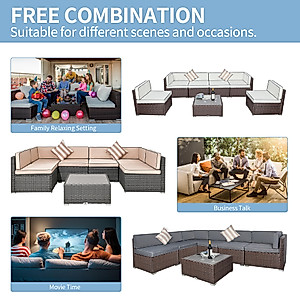 Welpatio 7 Piece Outdoor Patio Furniture Sets with Cushions, PE Rattan Wicker Outdoor Sectional Furniture Conversation Patio Set with Slat Coffee Table and 2 Pillows, Light Gray/Gray