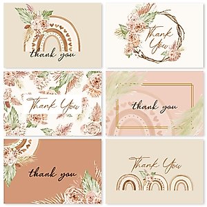 AnyDesign 36 Pack Boho Thank You Cards Boho Rainbow Floral Thank You Note Cards with Envelope Stickers Bohemian Flower Blank Cards for Birthday Wedding Baby Shower Bridal Shower, 4 x 6 Inch