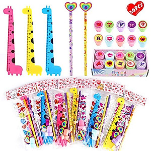Valentine’s Day Stationery Gift for Kids Classroom 30 PCS Assorted Stationery Exchange Pencil Eraser Ruler Stamper and Stickers Classroom Prizes Goodie Bag Party Supplies with Valentines Gift Cards
