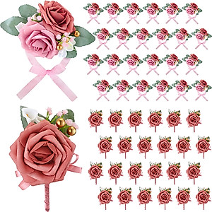 Ceenna Rose Flower Wrist Corsage Boutonniere Set Handmade Floral Wristlet Band Bracelet Bridegroom Men's Boutonniere Wedding Wristlet Hand Flower for Prom Party Bouquets, Dark Pink(Stylish, 48 Pcs)