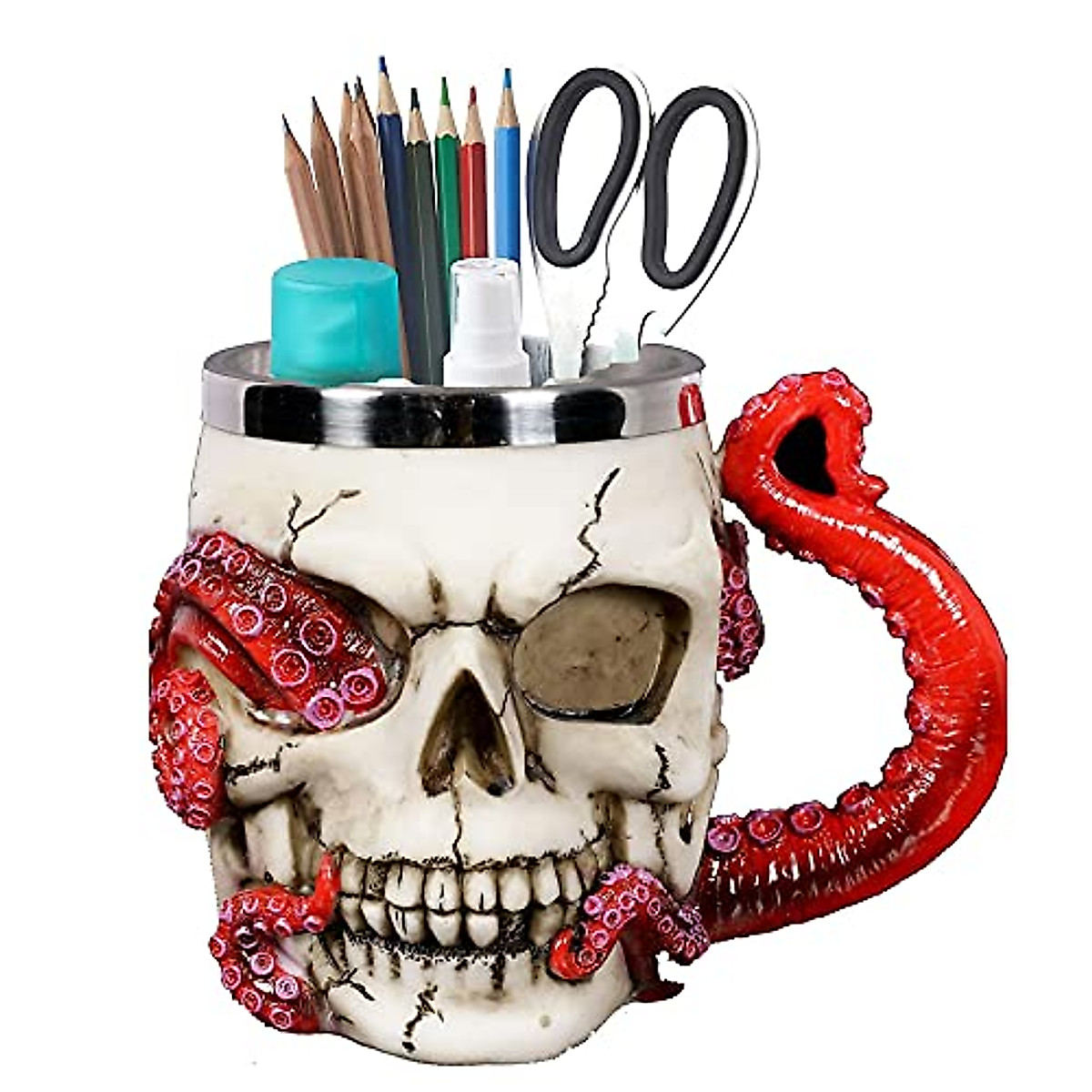 Skull Mug Parasite Octopus Beer Coffee Mugs with Tentacle Handle, Stainless Steel and Resin Tankard Skeleton Cranium Skull Beverage Drinking Cup for Ossuary Macabre Halloween Decorative Accent - 13oz