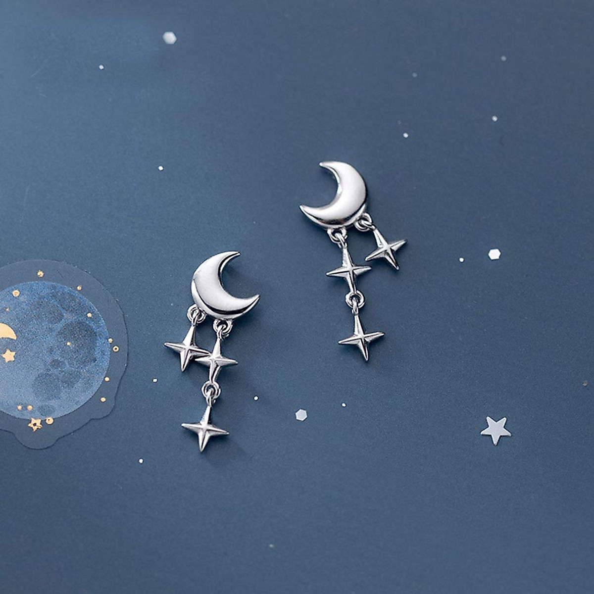 SLUYNZ 925 Sterling Silver Tiny Moon Star Earrings Studs for Women Teen Girls Small Moon Studs Earrings Star Drop (A-Silver)